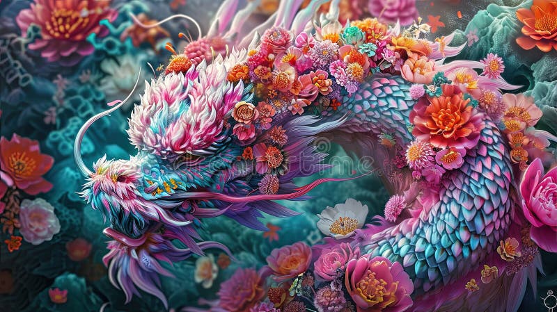 Colorful Dragon in Flowers stock illustration. Illustration of flower ...
