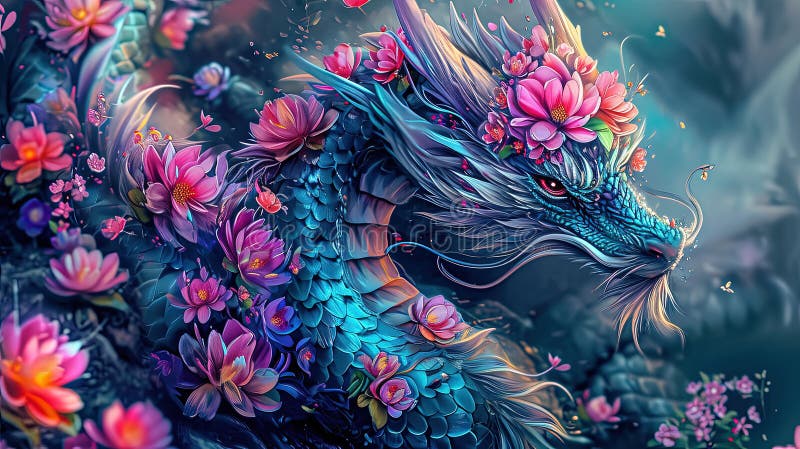 Colorful Dragon in Flowers stock illustration. Illustration of yellow ...