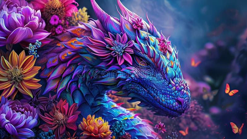 Colorful Dragon in Flowers stock illustration. Illustration of bouquet ...