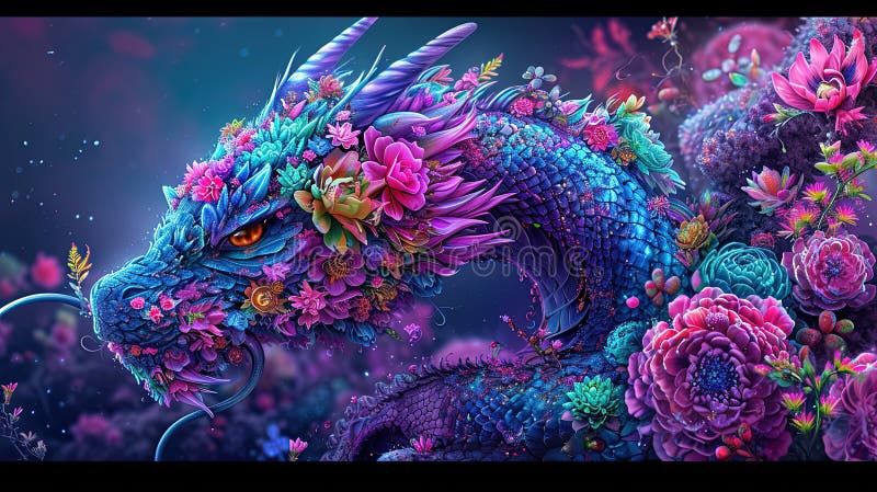 Colorful Dragon in Flowers stock illustration. Illustration of bloom ...