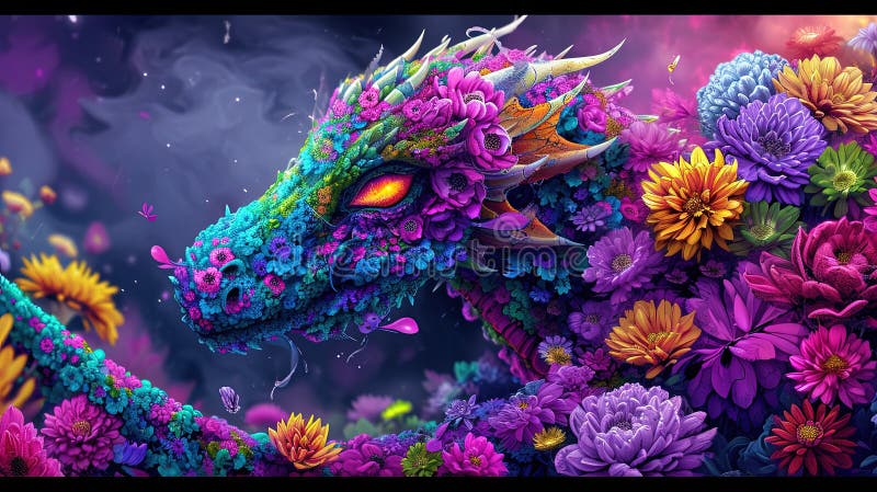 Colorful Dragon in Flowers stock illustration. Illustration of nature ...