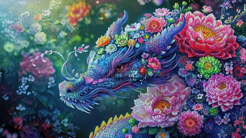 Colorful Dragon in Flowers stock illustration. Illustration of frame ...