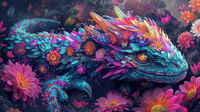 Colorful Dragon in Flowers stock illustration. Illustration of nature ...