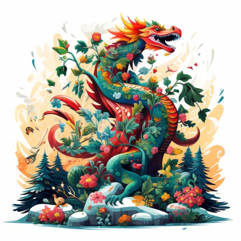 A Colorful Dragon with Flowers and Leaves Stock Illustration ...