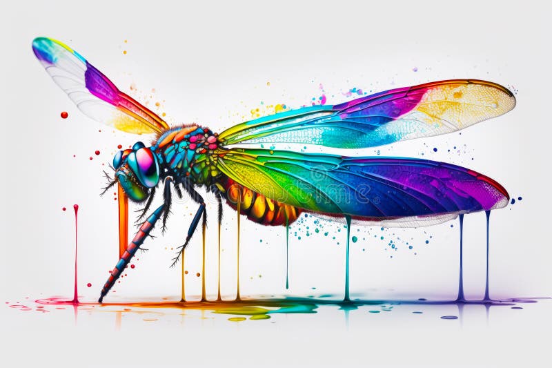 Colorful Dragon Fly Sitting on Top of Puddle of Paint on White Surface ...
