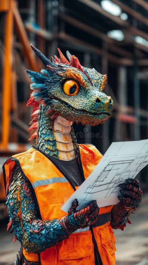 A Colorful Dragon in a Safety Vest Reviews Construction Plans with Focus. Combining Fantasy ...