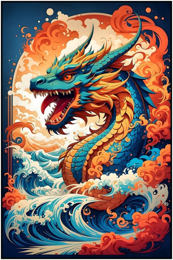Colorful Dragon between Waves and Fire Stock Illustration ...