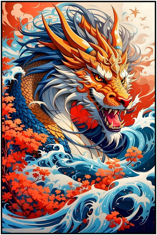 Colorful Dragon between Waves and Fire Stock Illustration ...