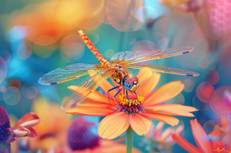 Colorful Dragonfly on a Beautiful Flower in the Meadow in Summer Stock ...