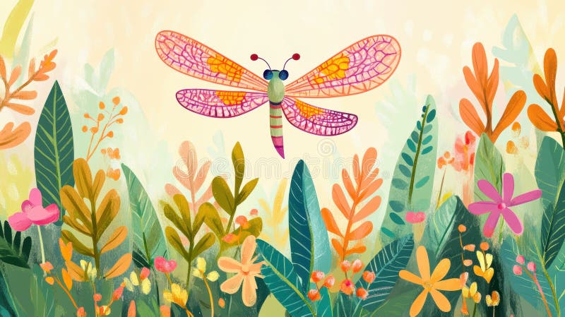 Colorful Dragonfly Hovering Above a Vibrant Floral Landscape Stock ...