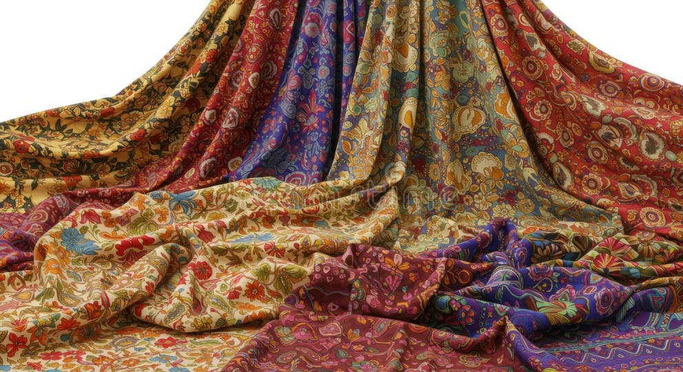 Colorful Draped Fabric with Vintage Floral Pattern Stock Image - Image ...