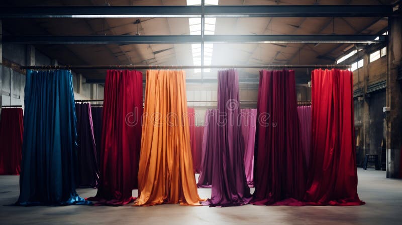 Colorful Drapes in a Warehouse Stock Photo - Image of stack, shelves ...