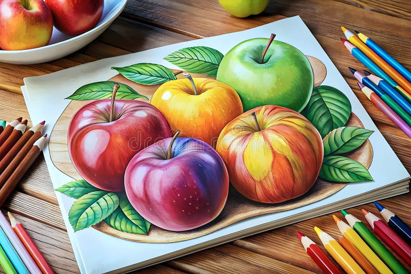 Colorful Drawing of Apples with Colored Pencils Stock Illustration ...