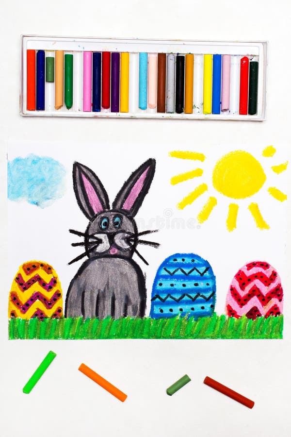 Drawing: Beautiful Easter Card with Easter Eggs and Cute Bunny Stock ...