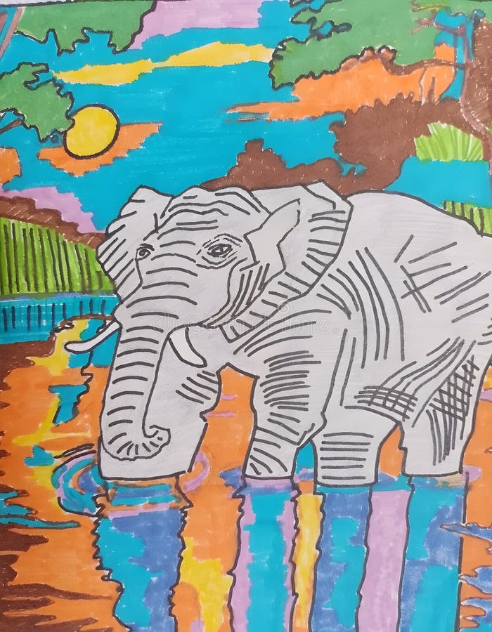 Vibrant Elephant Illustration in a Sunset Landscape Stock Image - Image ...