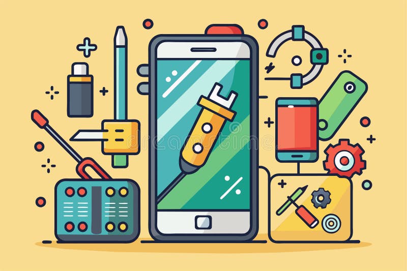 A Colorful Drawing Featuring Various Tools for Fixing a Mobile Phone ...