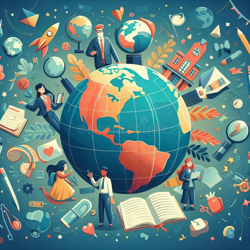 A Colorful Drawing Globe with People and Objects on it Stock Photo ...