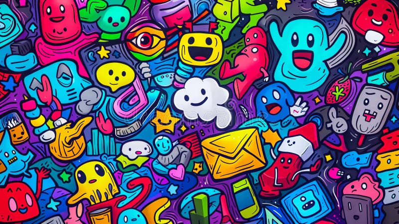 A Colorful Drawing of Many Different Cartoon Characters Stock Photo ...