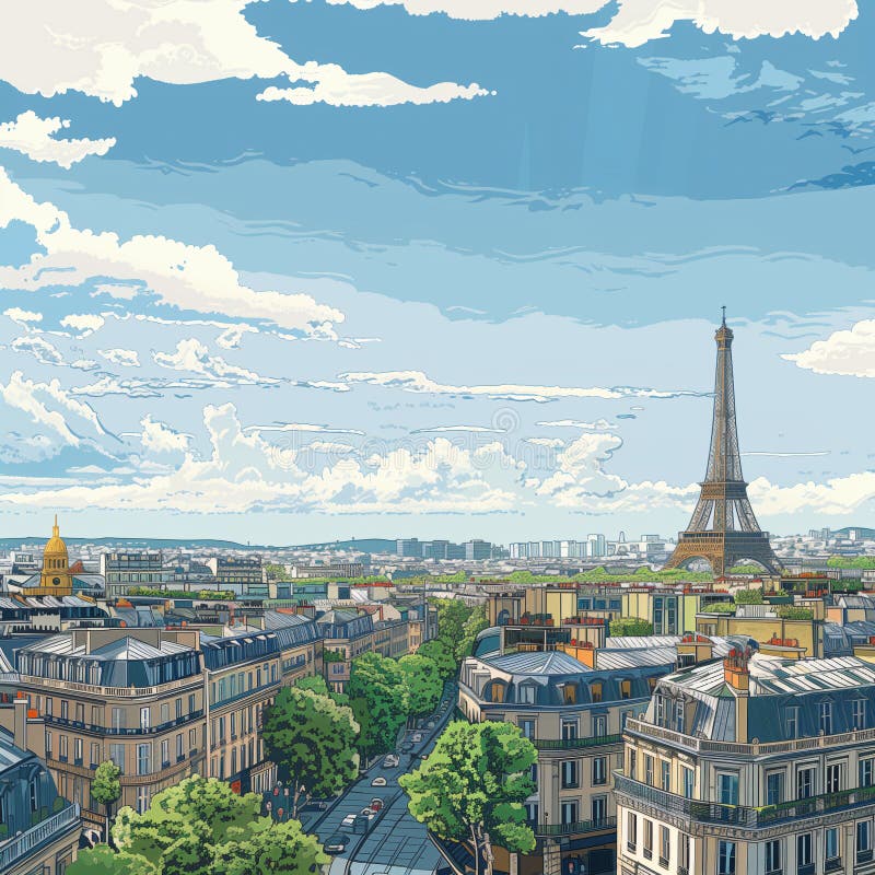 Colorful Drawing of Paris with the Eiffel Tower Stock Illustration ...