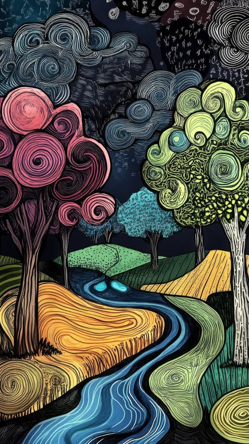 A Colorful Drawing of a River with Trees on Either Side Stock ...