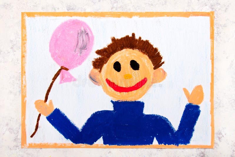 Colorful Drawing: Smiling Boy with Pink Balloon Stock Illustration ...