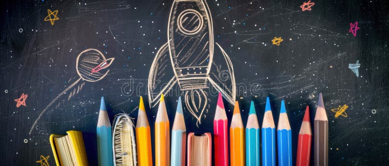 Colorful Drawing of Space Scene with Rocket and Planets. Generative Ai ...