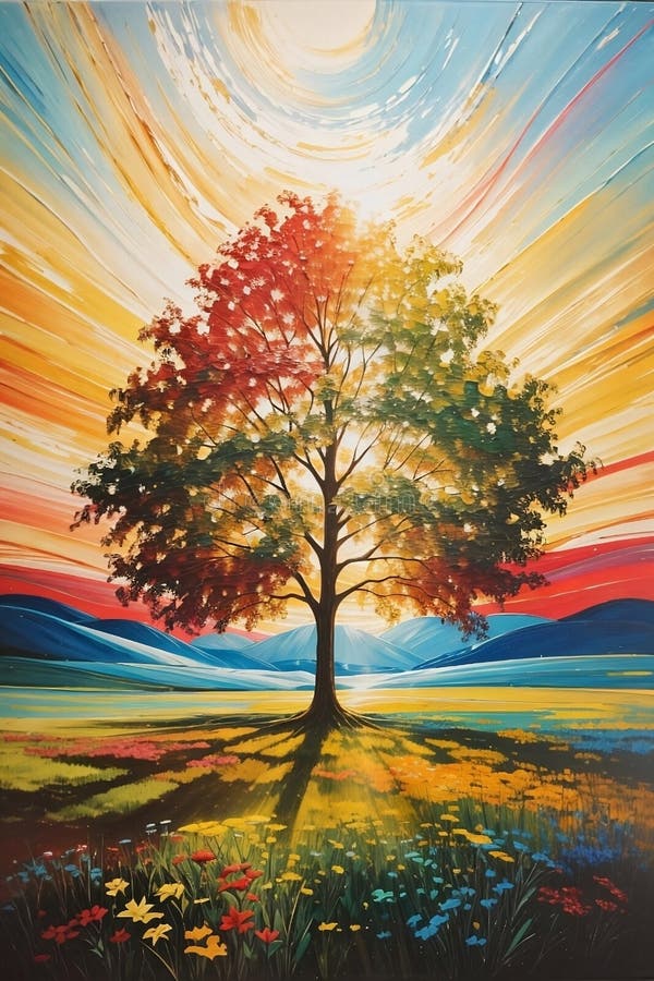 Colorful Drawing of a Tree in the Center of Nature Stock Illustration ...