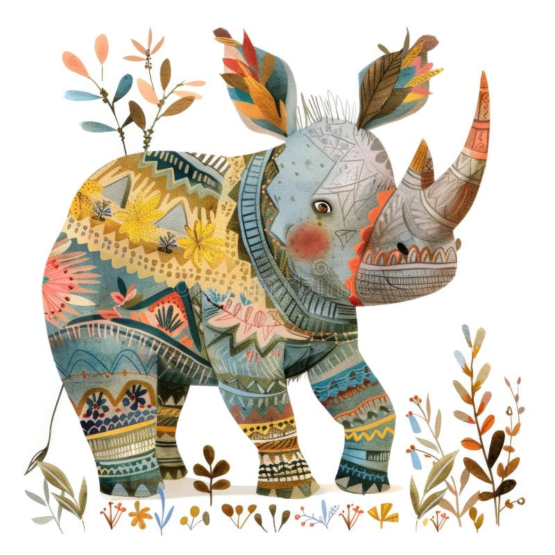 Colorful Drawn Rhino with Geometric Patterns in Boho Style Stock Photo ...