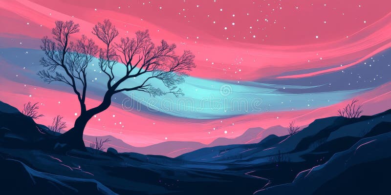 Colorful Dreamy Landscape at Night Stock Illustration - Illustration of ...