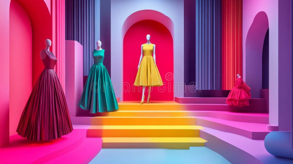 Colorful Dresses on Display in Modern Geometric Setting Stock ...