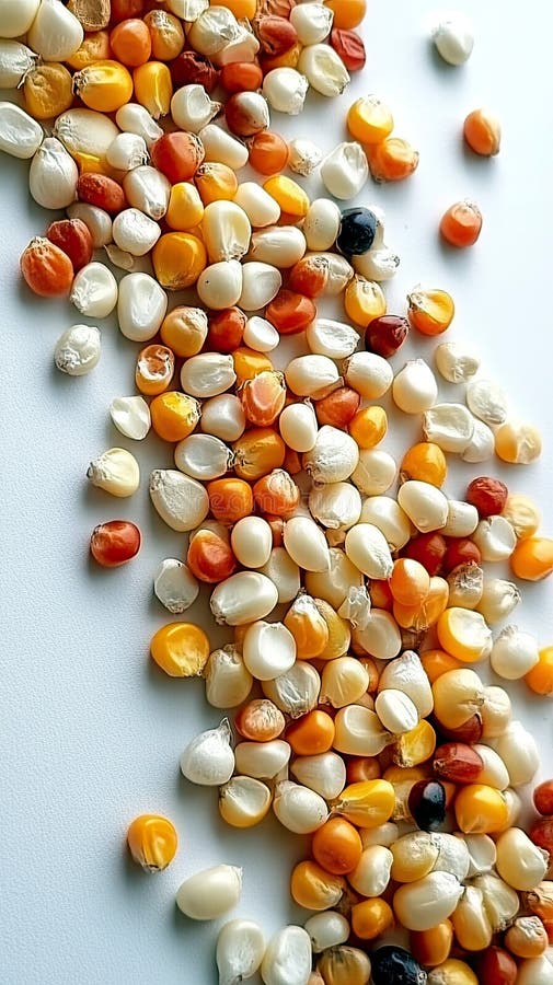 Colorful Dried Corn Grains Scattered Elegantly on a Bright White ...
