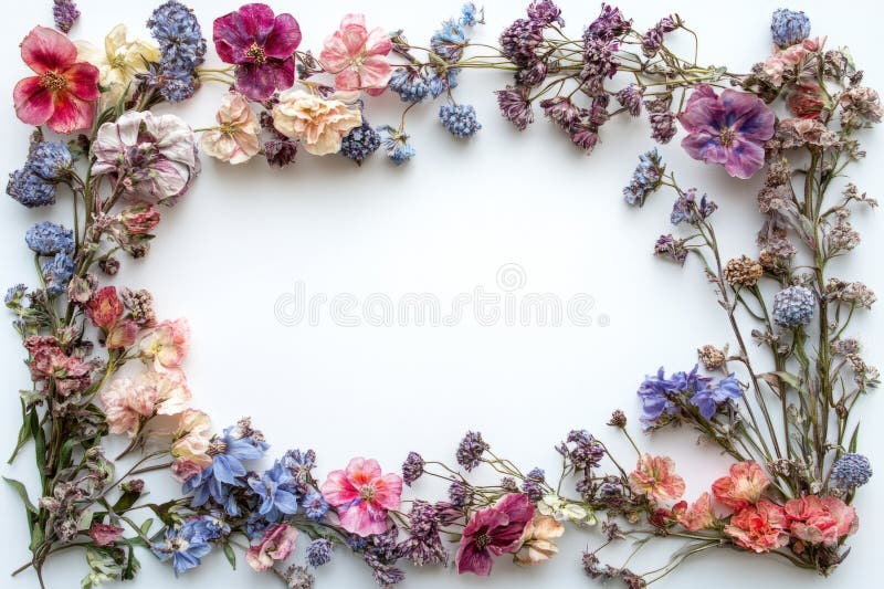 Colorful Dried Flowers Creating a Rectangular Frame on a White ...