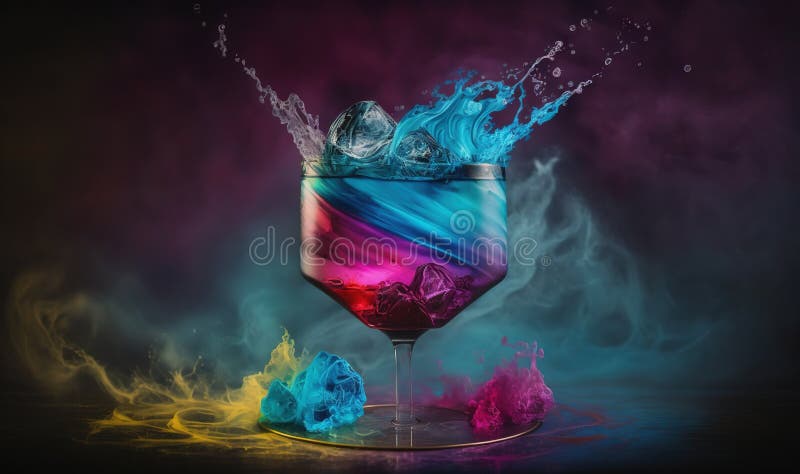 A Colorful Drink with Ice Cubes and Water Splashing Out of it Stock ...