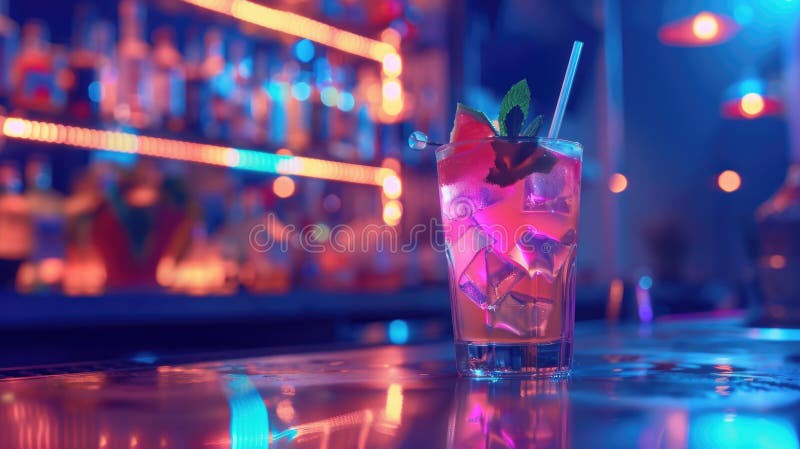 A Colorful Drink with a Straw in it Sits on a Bar Counter. the Drink is ...