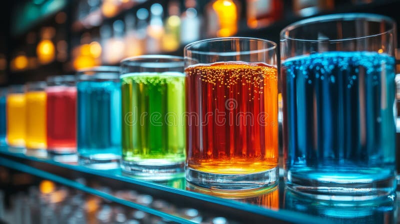 Colorful Drinks in Glasses Lined Up on a Bar Counter. Stock Photo ...