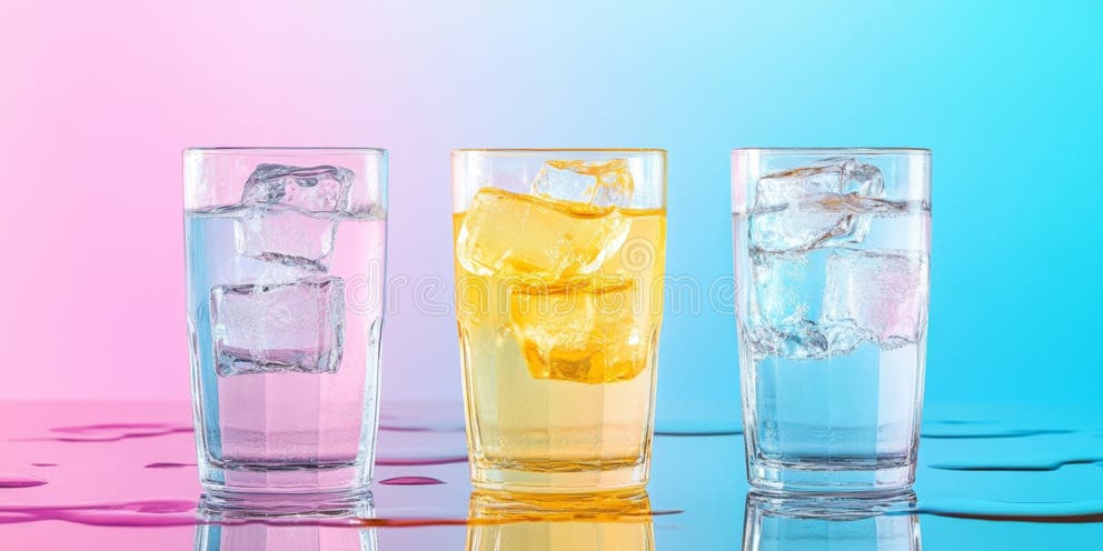 Colorful Drinks with Ice Cubes on a Reflective Surface Under Vibrant ...