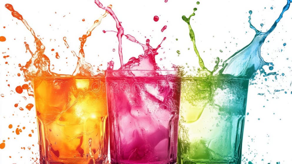 Colorful Drinks Splashing in Glasses Stock Illustration - Illustration ...