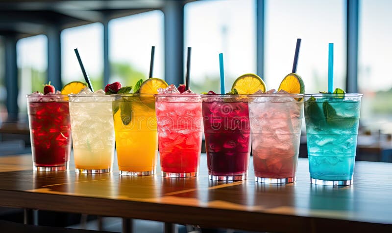 Colorful Drinks on Wooden Table Stock Illustration - Illustration of ...