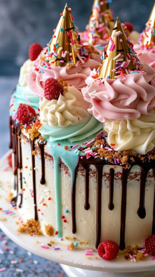 Colorful Drip Cake with Ice Cream Cones and Raspberries Stock ...