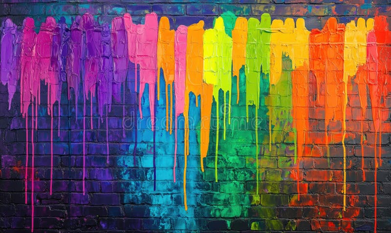 Colorful Dripping Paint Art on Brick Wall Creating Vibrant Rainbow ...