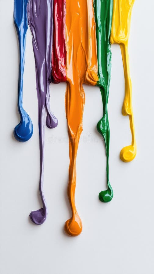 Colorful Drips of Vibrant Paint Flowing on White Background Stock ...