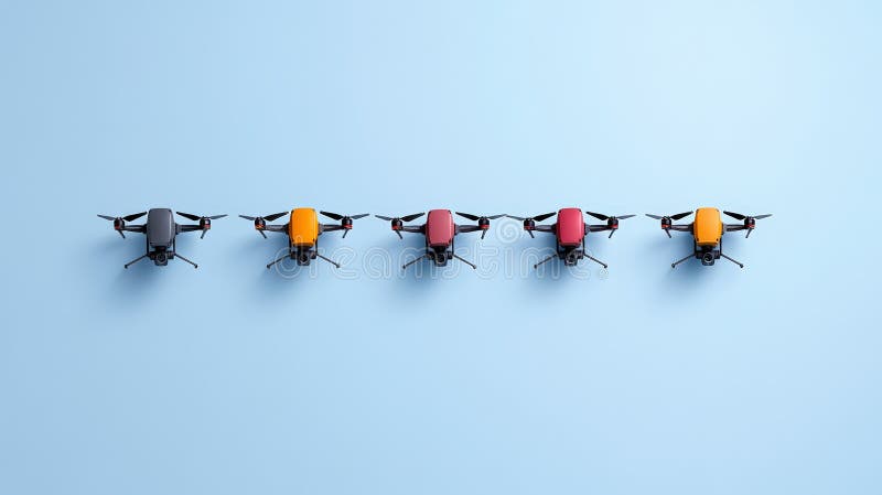 Colorful Drones Arranged in a Row on a Blue Background Stock ...