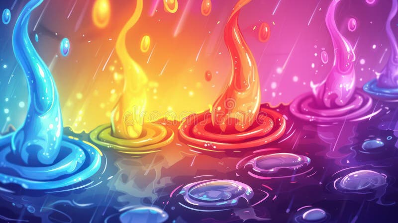 Colorful Droplets Create Ripples in a Vibrant, Rain-soaked Environment ...