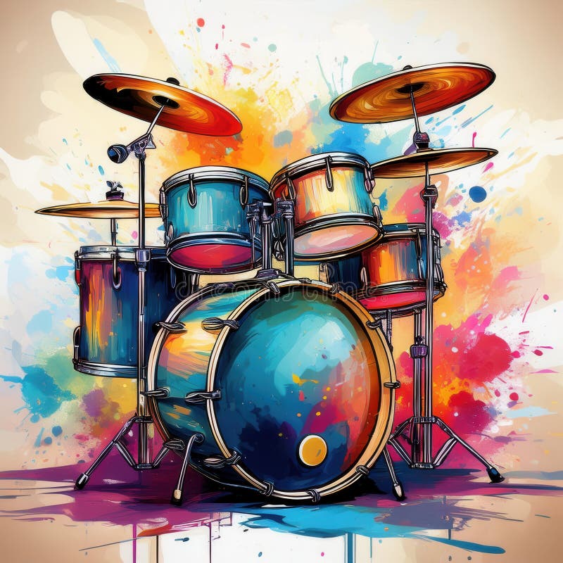 Colorful Drum Set with Vibrant Splashes of Paint Reflecting a Lively ...
