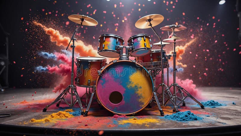 Colorful Drumset on Stage with Explosive Powder and Smoke for Dynamic ...