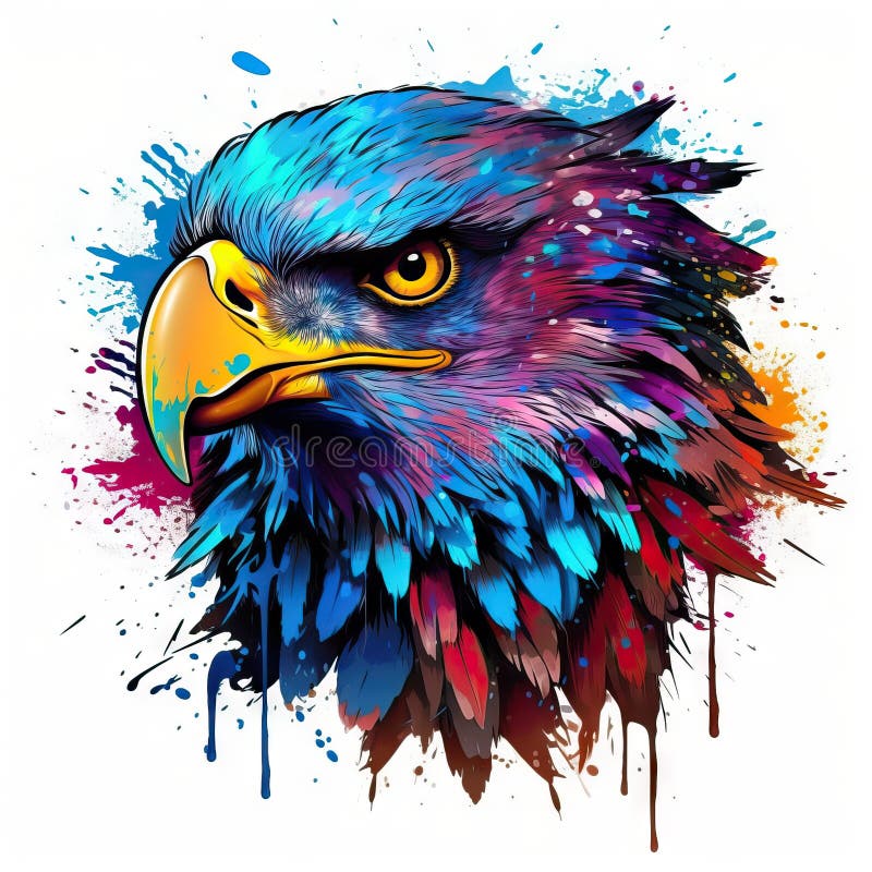 Colorful Eagle Head in Dark Bronze and Azure Neonpunk Style Lith Print ...