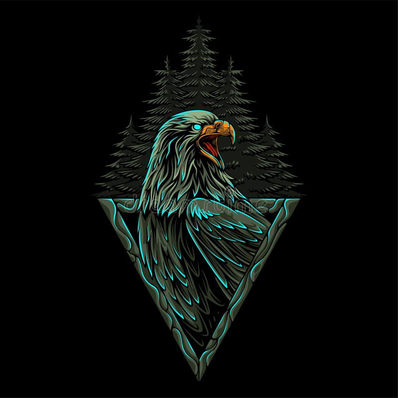 Colorful Eagle in Spooky Pose with Triangles Around it and Pine Trees ...