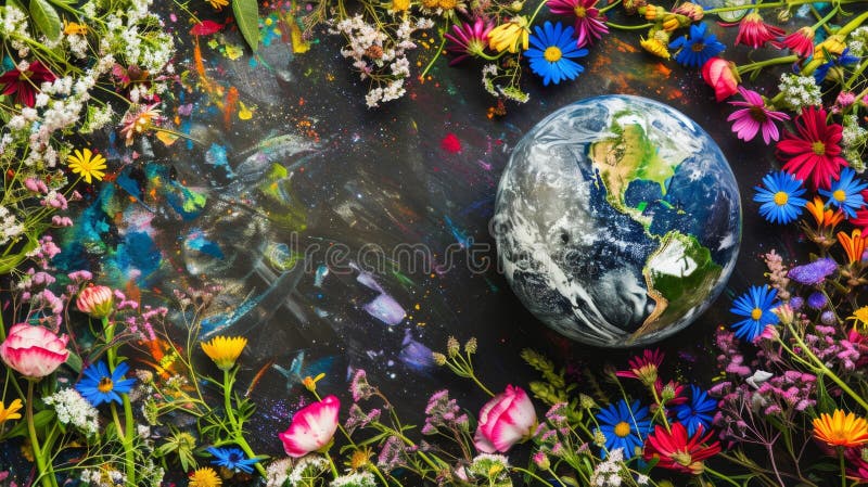 Colorful Earth with Blooming Flowers on Cosmic Background Stock Image ...