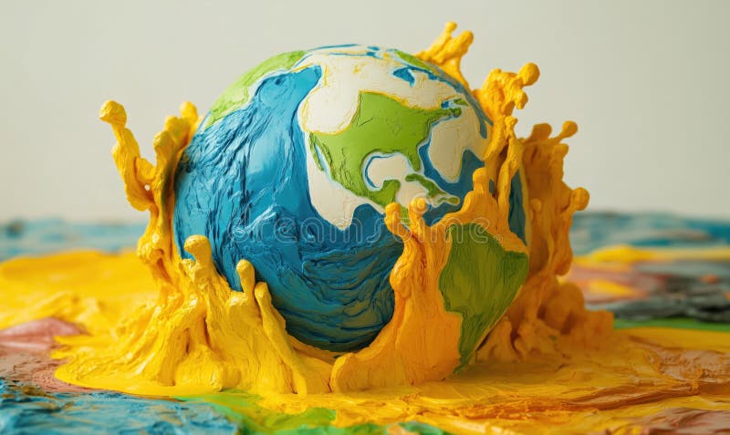 Colorful Earth Globe Surrounded by Vibrant Yellow Paint Splashes ...