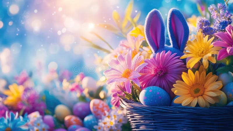 Colorful Easter Basket with Flowers and Eggs in Springtime Light. Happy ...